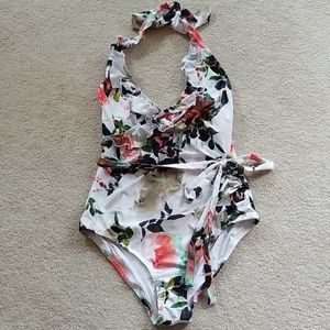 Modcloth | Swim | Here Comes The Ruffle White Floral Pc Swimsuit | Poshmark